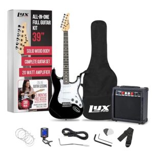 lyxpro electric guitar 39" inch complete beginner starter kit full size with 20w amp, package includes all accessories, digital tuner, strings, picks, tremolo bar, shoulder strap, and case bag - black