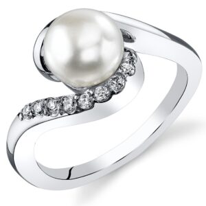 peora freshwater cultured white pearl bypass ring in sterling silver, 7mm round button shape, comfort fit, size 8