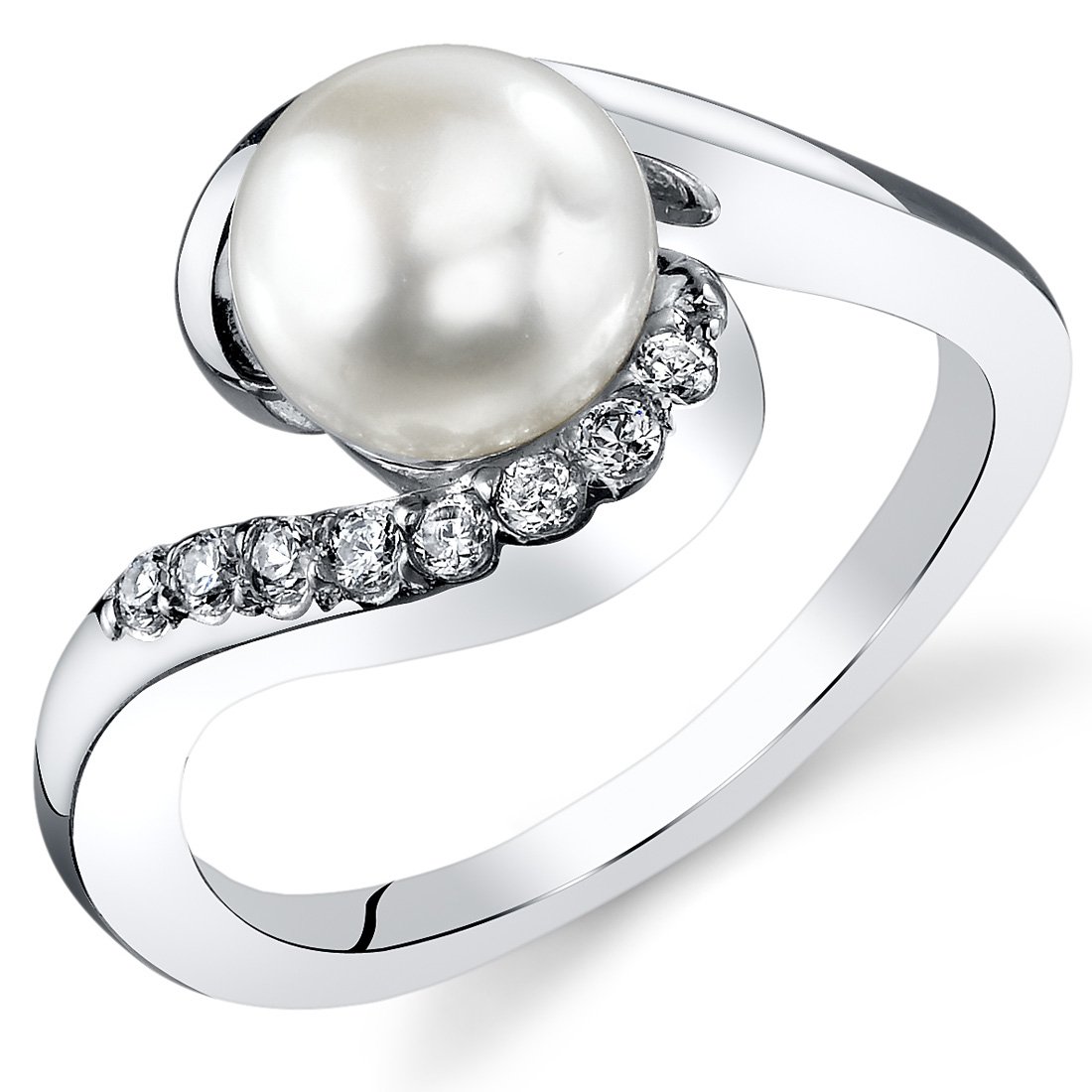 PEORA Freshwater Cultured White Pearl Bypass Ring in Sterling Silver, 7mm Round Button Shape, Comfort Fit, Size 8