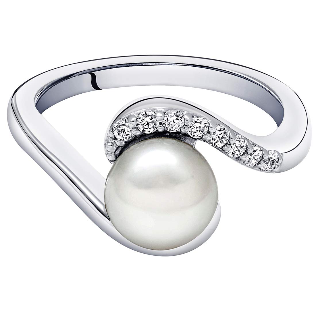 PEORA Freshwater Cultured White Pearl Bypass Ring in Sterling Silver, 7mm Round Button Shape, Comfort Fit, Size 8