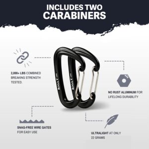 RALLT Wire Gate Carabiners - 12kN (2697lb) Snag-free Heavy Duty Carabiner Clip for Hiking, Hammock & Backpacking - Made with Lightweight, No Rust Aluminum Material- Camping Accessories (Black, 2 Pack)