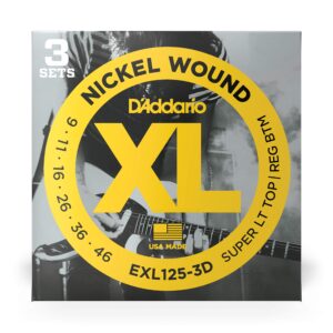 D'Addario EXL125-3D Nickel Wound Electric Guitar Strings, Super Light Top/Regular Bottom, 9-46, 3 Sets