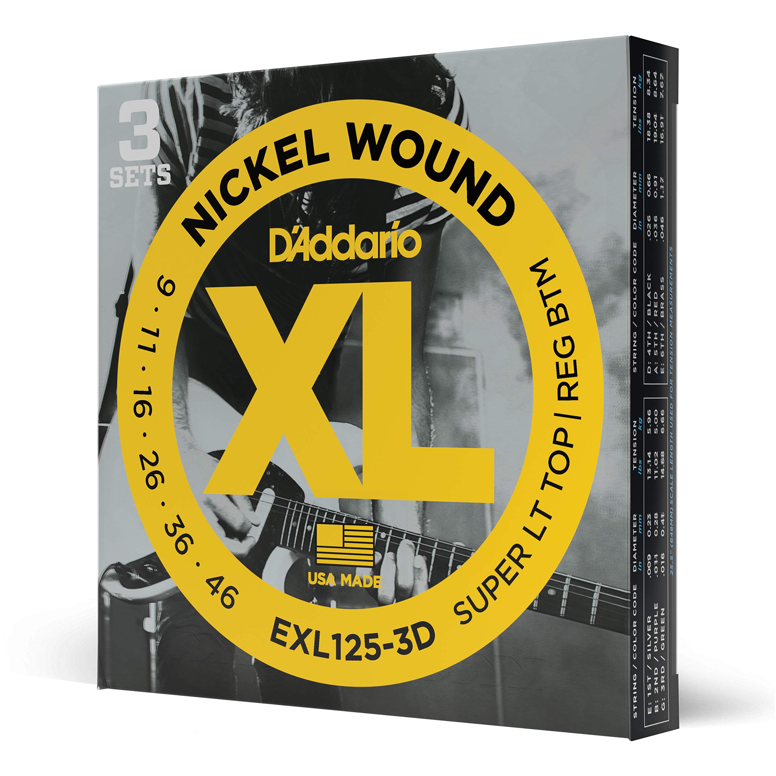 D'Addario EXL125-3D Nickel Wound Electric Guitar Strings, Super Light Top/Regular Bottom, 9-46, 3 Sets