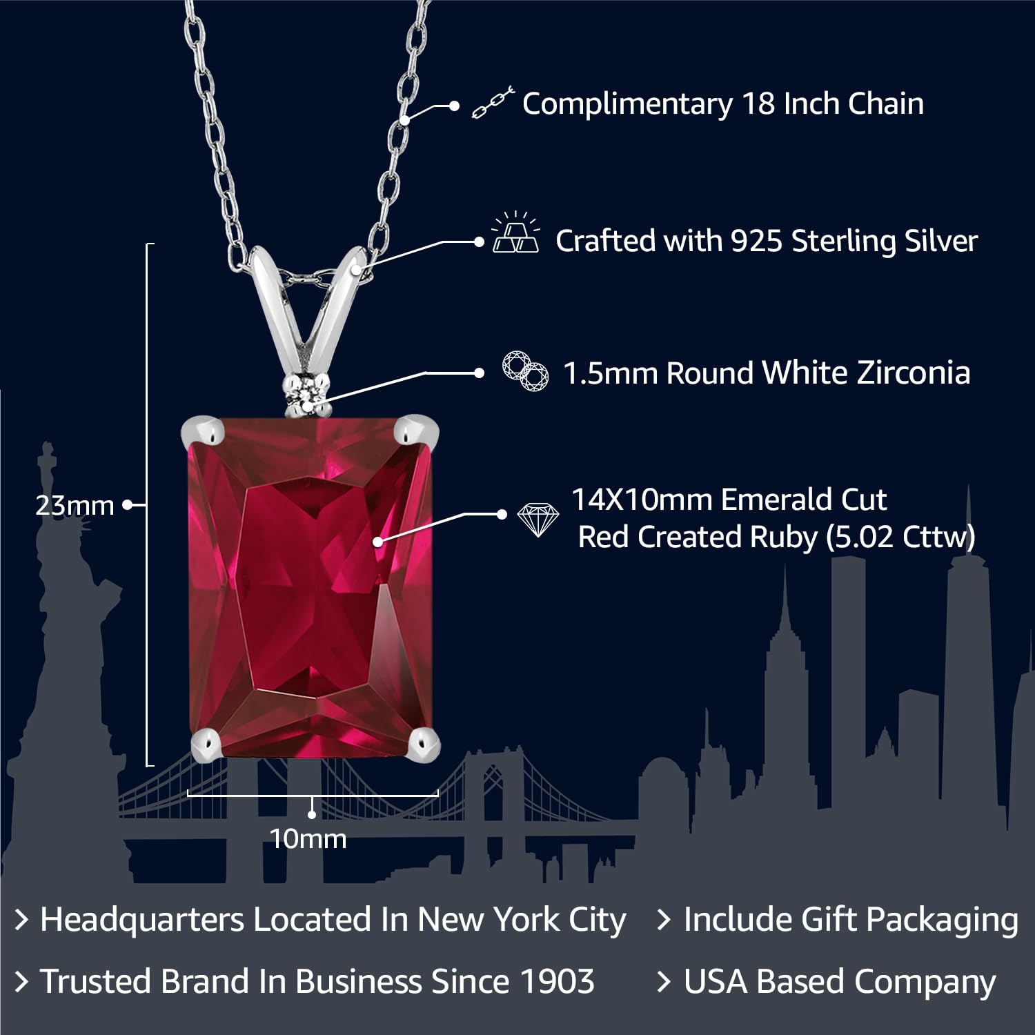 Gem Stone King 925 Sterling Silver Gemstone Birthstone Necklace | Emerald Cut 14X10MM | Pendant Necklace for Women | With 18 Inch Silver Chain