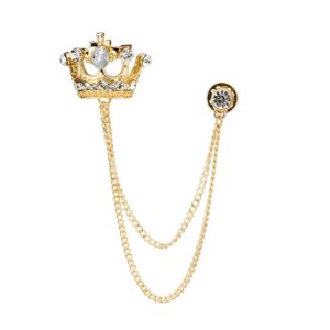 Knighthood Men's Golden Crown With Hanging Chain Brooch Golden Lapel pin Crystal Brooch Suit Stud Lapel Pin Vintage Rhinestone Wedding Brooch Pin