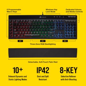 Corsair K55 RGB Gaming Keyboard – IP42 Dust and Water Resistance – 6 Programmable Macro Keys – Dedicated Media Keys - Detachable Palm Rest Included (CH-9206015-NA) , Black