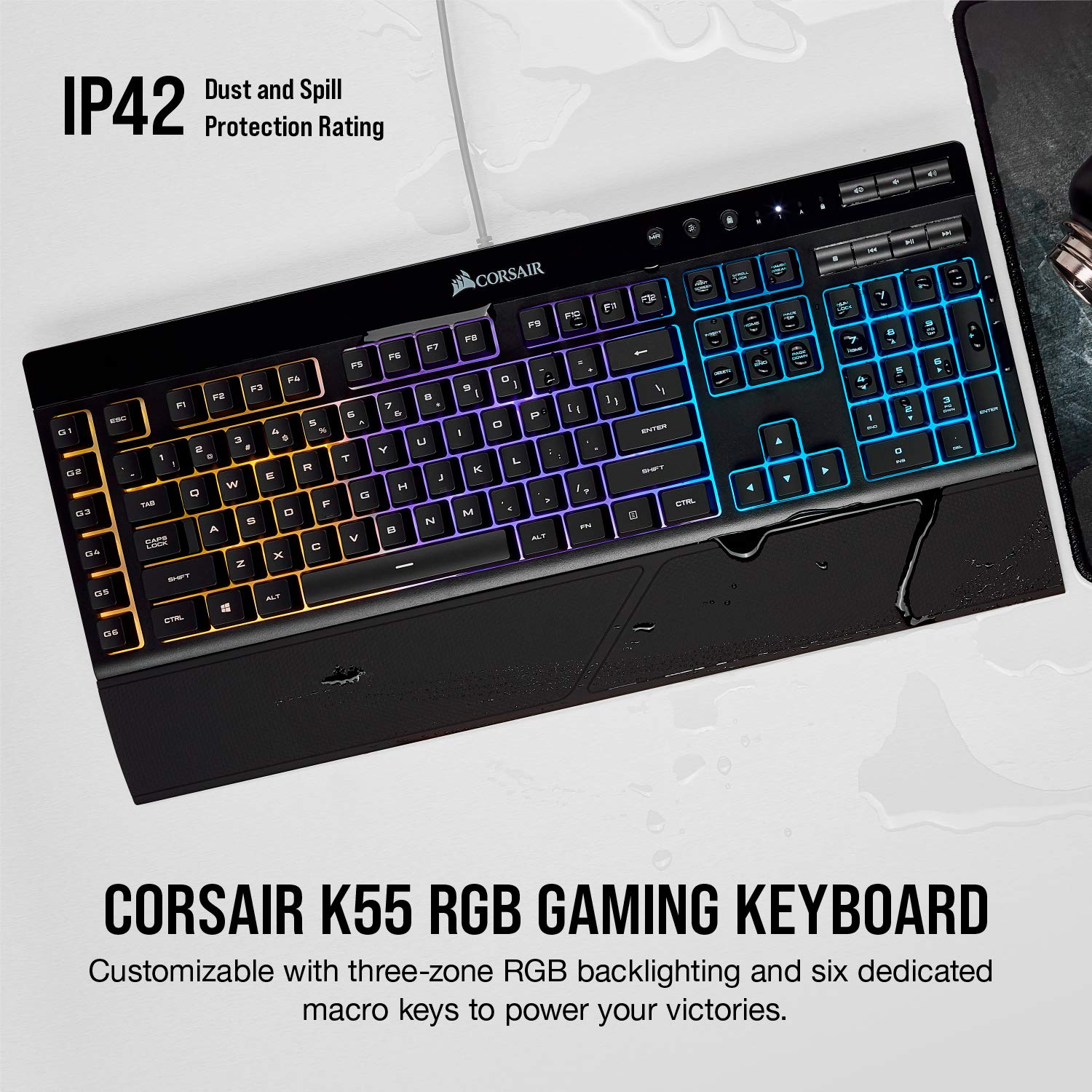 Corsair K55 RGB Gaming Keyboard – IP42 Dust and Water Resistance – 6 Programmable Macro Keys – Dedicated Media Keys - Detachable Palm Rest Included (CH-9206015-NA) , Black