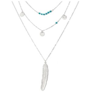 suyi exquisite sequins multilayer chain turquoise beads necklace with feather pendent silver