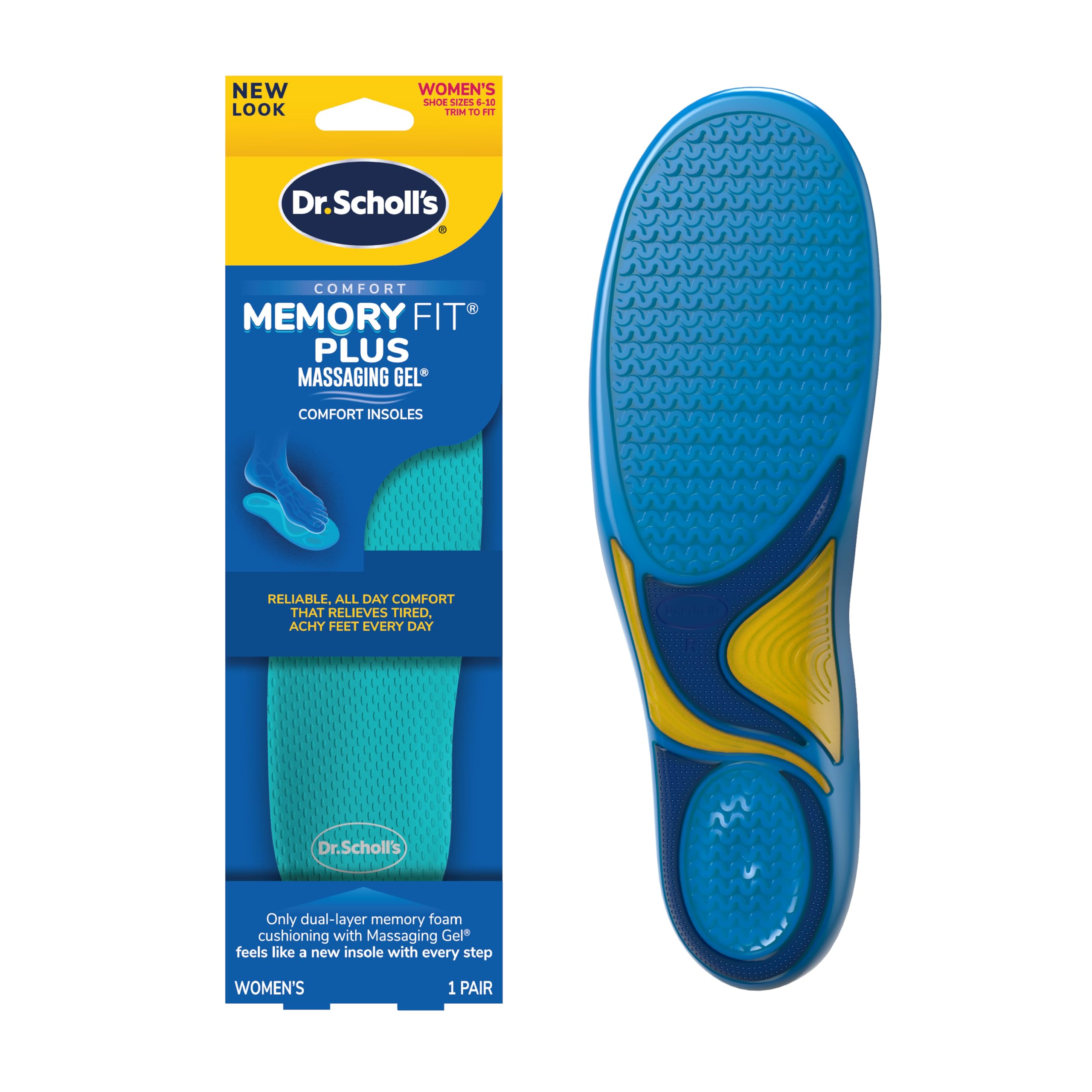 Dr. Scholl's Memory Fit Plus Massaging Gel, Comfort Insoles, Memory Foam & Gel, All-Day Comfort, Arch Support, Distributes Pressure,Shock Absorbing,Trim Insert to Fit Shoe, Women Size 6-10, 1 Pair