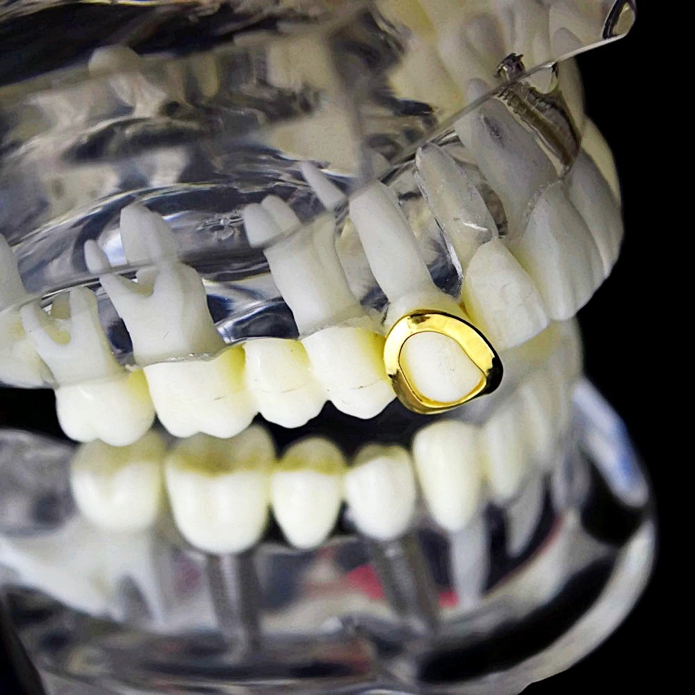 Open Face 14k Gold Plated Grillz Single Cap Top Hollow Canine Tooth Hip Hop Grills