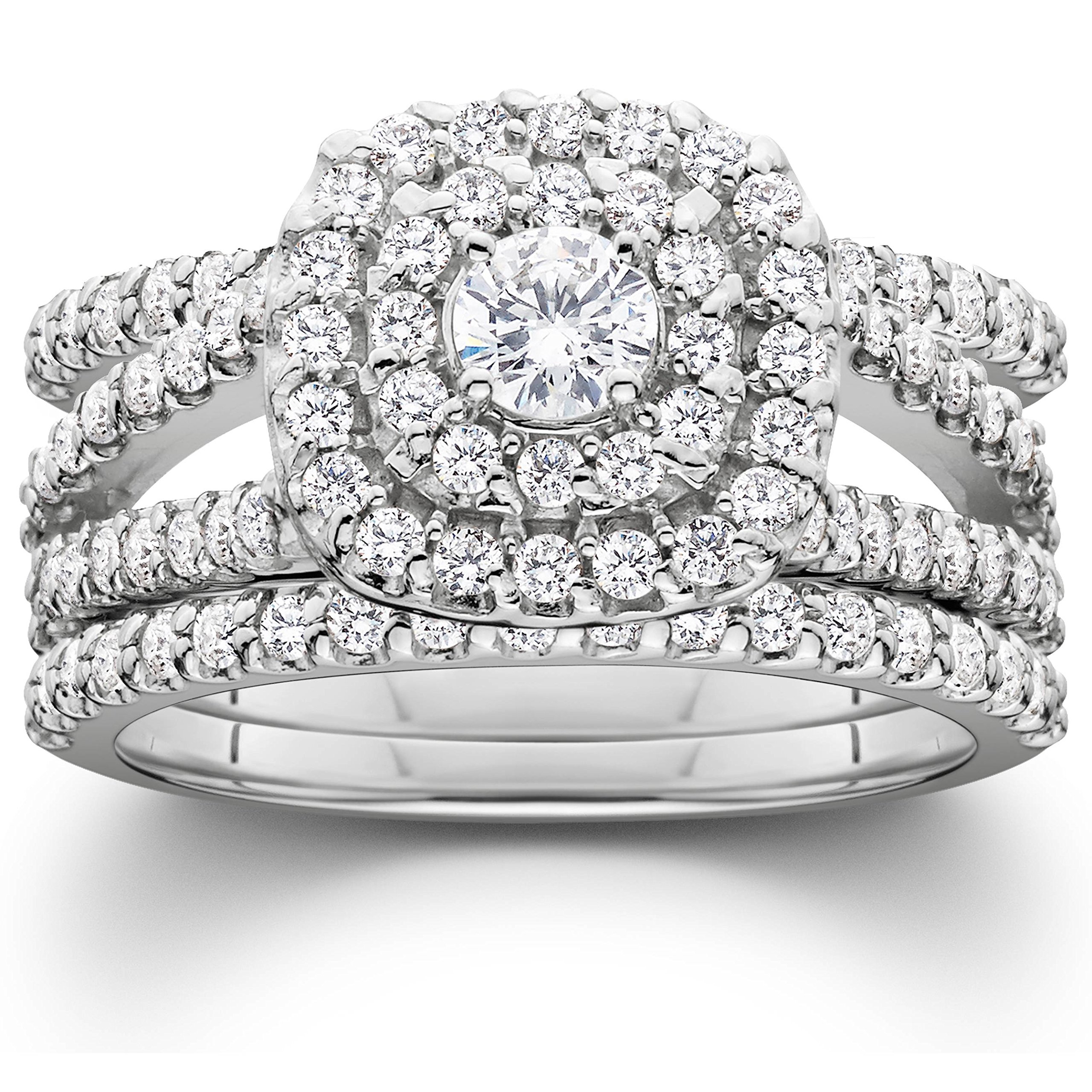 P3 POMPEII3 1 1/4ct Diamond Engagement Cushion Halo Wedding Ring Trio Set 10K White Gold - Size 7