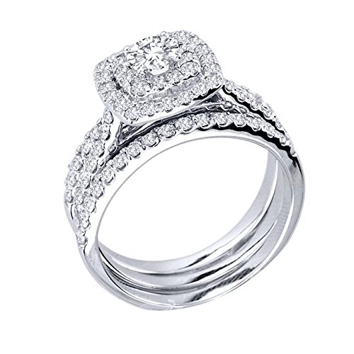 P3 POMPEII3 1 1/4ct Diamond Engagement Cushion Halo Wedding Ring Trio Set 10K White Gold - Size 7