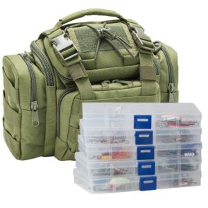 dr.fish fishing tackle bag 5 tackle boxes with 60 fishing lures kit included complete freshwater tackle set bass fishing stocked backpack organizer equipment gear green