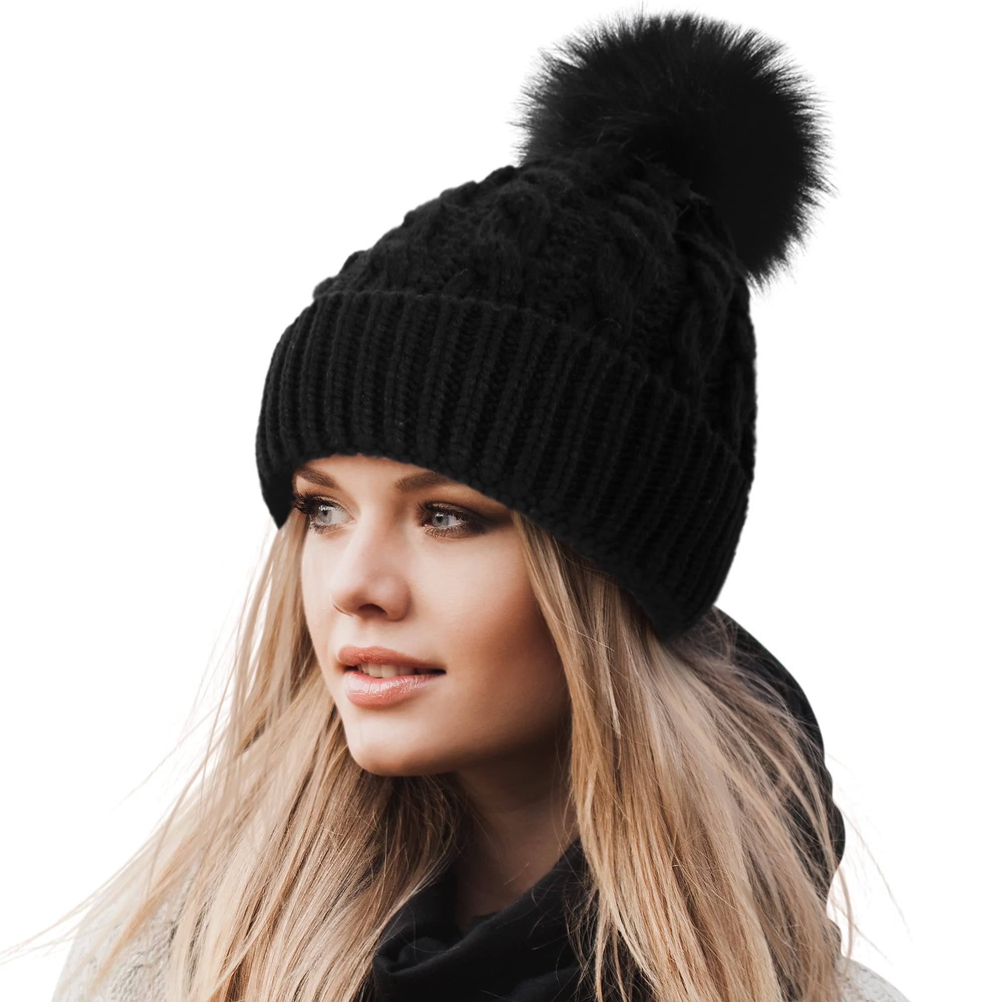 Livingston Women's Winter Soft Knit Beanie Hat with Faux Fur Pom Pom,Black