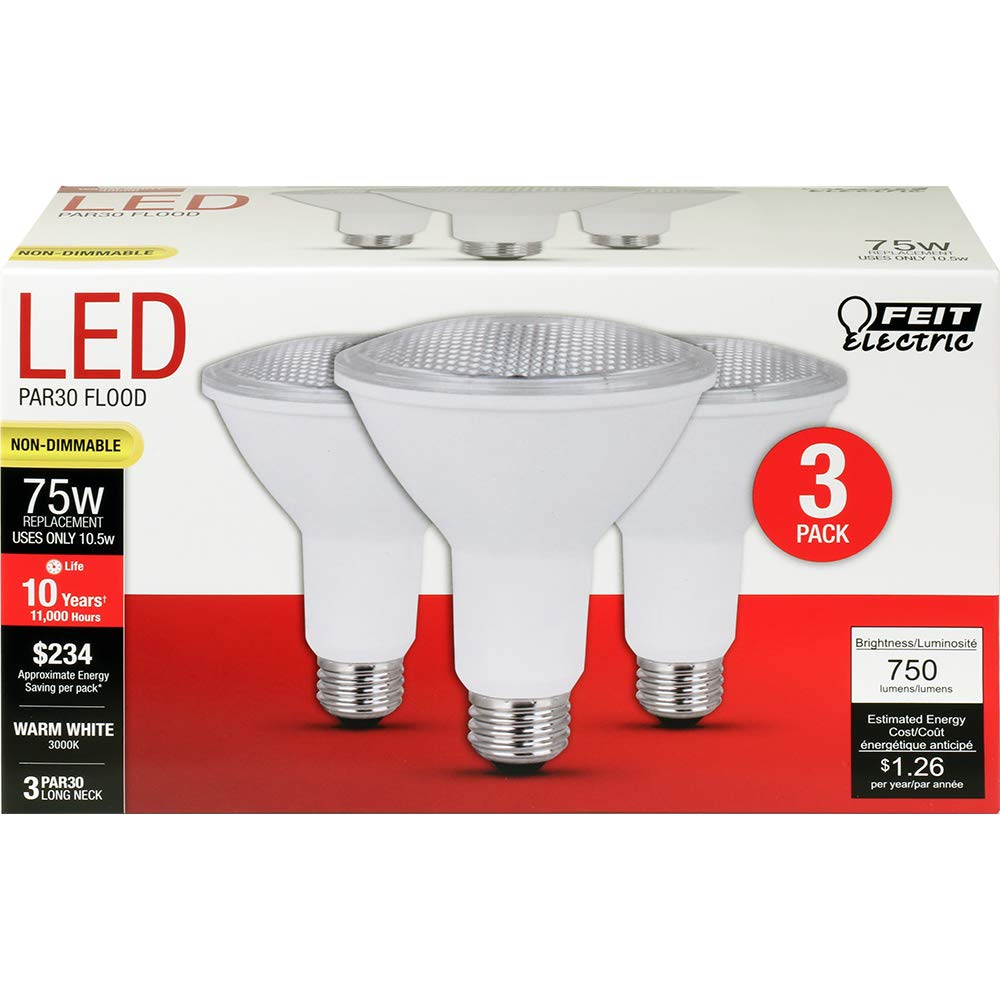 Feit Electric LED PAR30 Long Neck Medium E26 Base Light Bulb - 75W Equivalent - 10 Year Life - 750 Lumen - 3000K Warm White - Non-Dimmable | 3-Pack