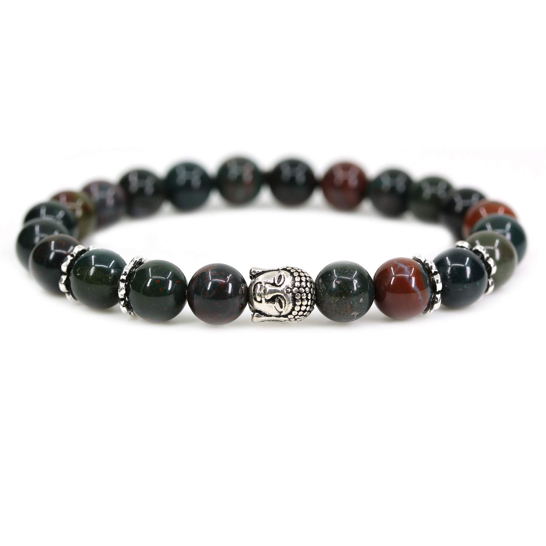 Green Bloodstone Heliotrope with 925 Sterling Silver Buddha Head Gemstone 8mm Round Beads Stretch Bracelet 7" Unisex