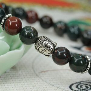 Green Bloodstone Heliotrope with 925 Sterling Silver Buddha Head Gemstone 8mm Round Beads Stretch Bracelet 7" Unisex