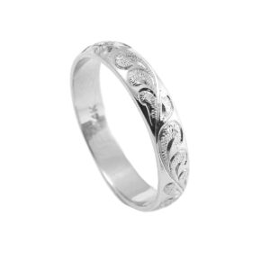 Arthur's Jewelry 14K white gold custom hand engraved Hawaiian queen plumeria scroll band ring 4mm size 9.5