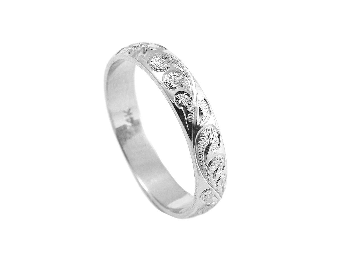 Arthur's Jewelry 14K white gold custom hand engraved Hawaiian queen plumeria scroll band ring 4mm size 9.5