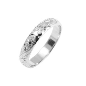 Arthur's Jewelry 14K white gold custom hand engraved Hawaiian queen plumeria scroll band ring 4mm size 9.5