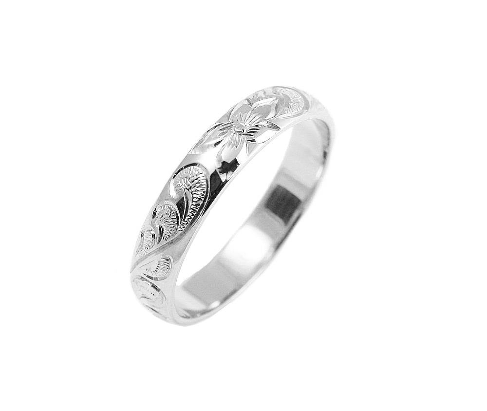 Arthur's Jewelry 14K white gold custom hand engraved Hawaiian queen plumeria scroll band ring 4mm size 9.5