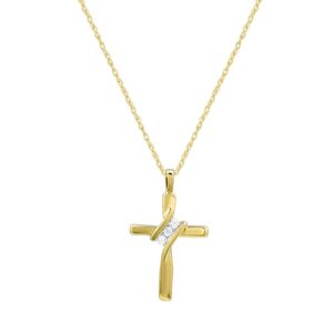 gilded small 10 karat yellow gold natural round-cut diamond accent 3 stone cross pendant with an 18 inch chain