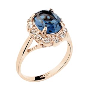 rose gold plated oval shaped ring with sapphire blue swarovski element crystal and clear round shaped cubic zirconia fashion jewelry for women (6.5)