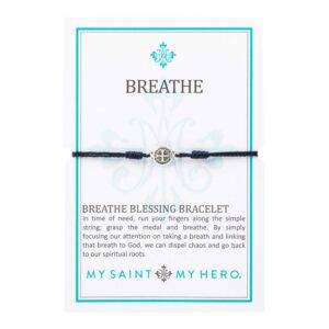 my saint my hero breathe blessing bracelet - silver tone medal on navy cording