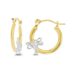 14k two tone gold 3mm thick polished dragonfly hoop earrings with hinged clasp | dragonfly hoop earring | 3x14mm hoop | solid gold earrings for women