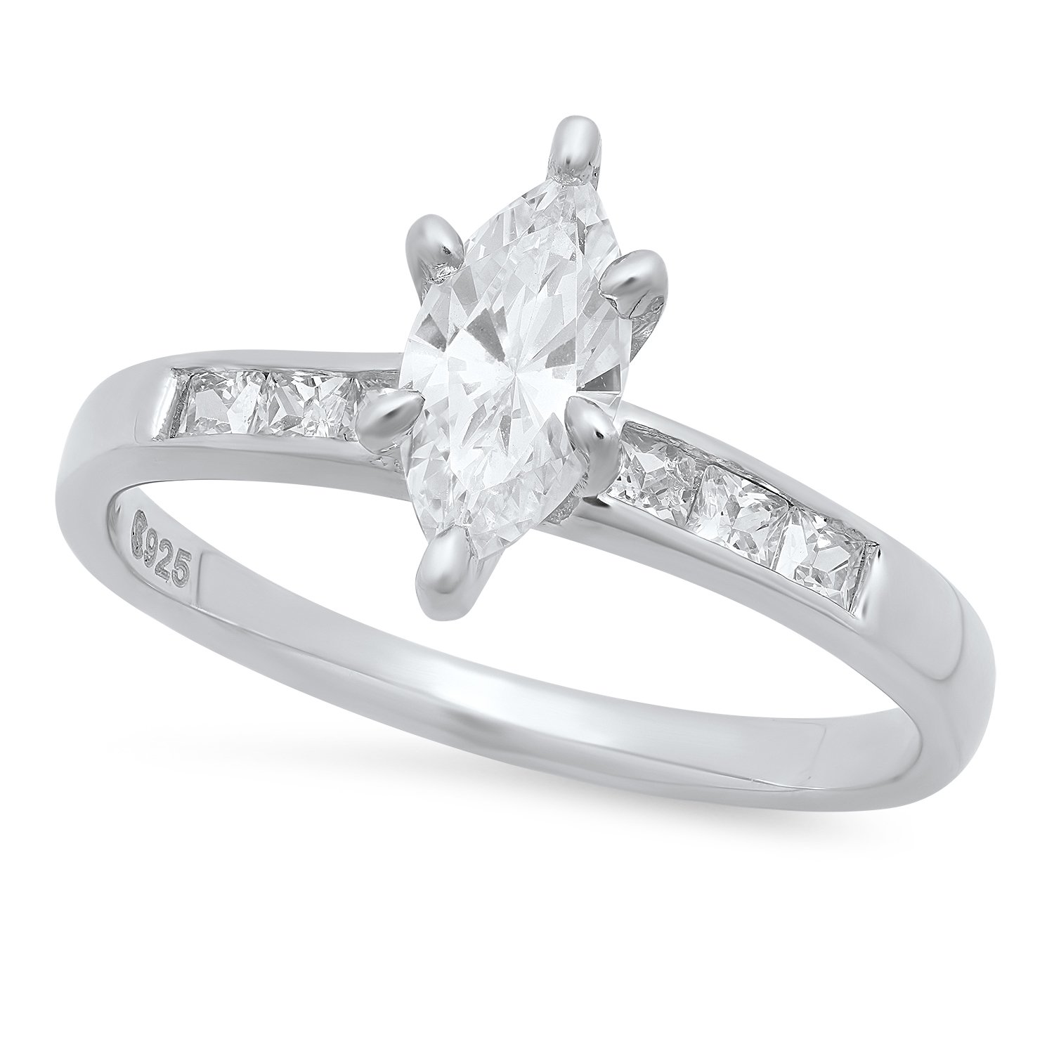 Marquise-Cut CZ Solitaire 2.9mm Sterling Silver Square CZ Engagement Ring, Sz. 7 Made in Italy + Bonus Cloth