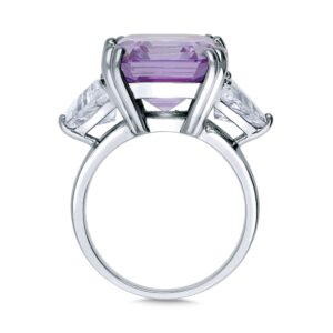 BERRICLE Sterling Silver 3-Stone Purple Asscher Cut Cubic Zirconia CZ Statement Cocktail Fashion Anniversary Ring for Women, Rhodium Plated Size 7