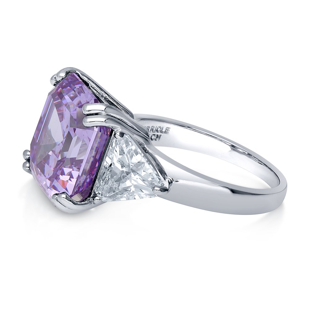 BERRICLE Sterling Silver 3-Stone Purple Asscher Cut Cubic Zirconia CZ Statement Cocktail Fashion Anniversary Ring for Women, Rhodium Plated Size 7