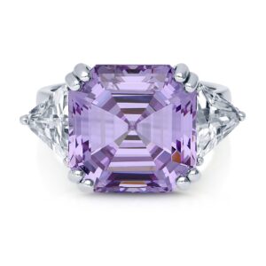 BERRICLE Sterling Silver 3-Stone Purple Asscher Cut Cubic Zirconia CZ Statement Cocktail Fashion Anniversary Ring for Women, Rhodium Plated Size 7