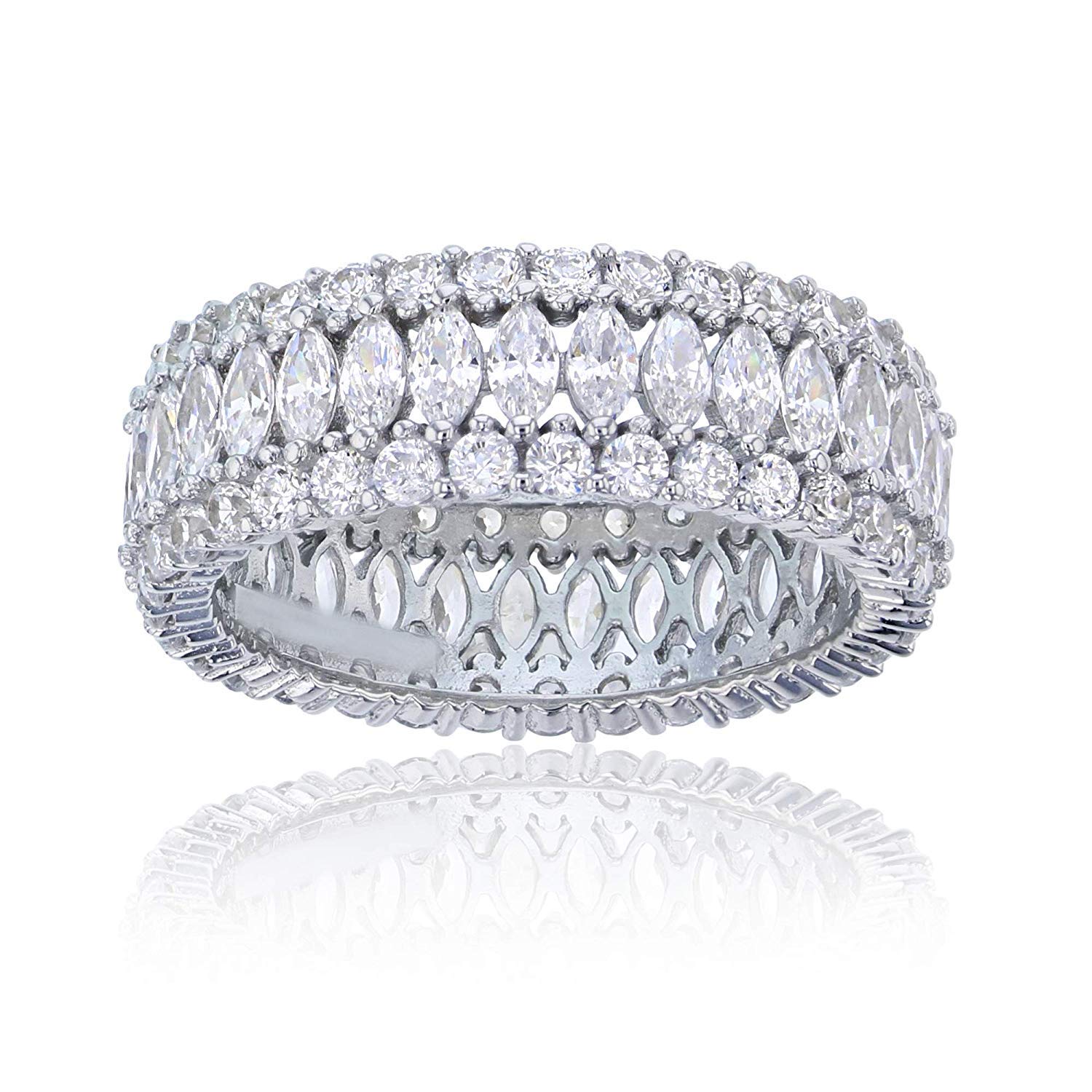 Sterling Silver Cubic Zirconia Rhodium Marquise & Round Cut Triple Row Eternity Band Fashion Ring