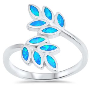 blue simulated opal leaf branch vine tree ring new 925 sterling silver band size 5