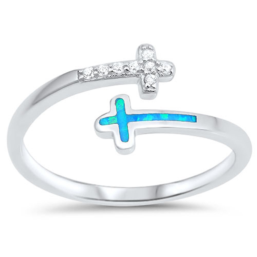 White CZ Blue Simulated Opal Open Cross Ring New .925 Sterling Silver Band Size 8