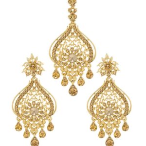 Bindhani Golden Rhinestone Head Piece Maang Tikka & Indian Earrings For Women