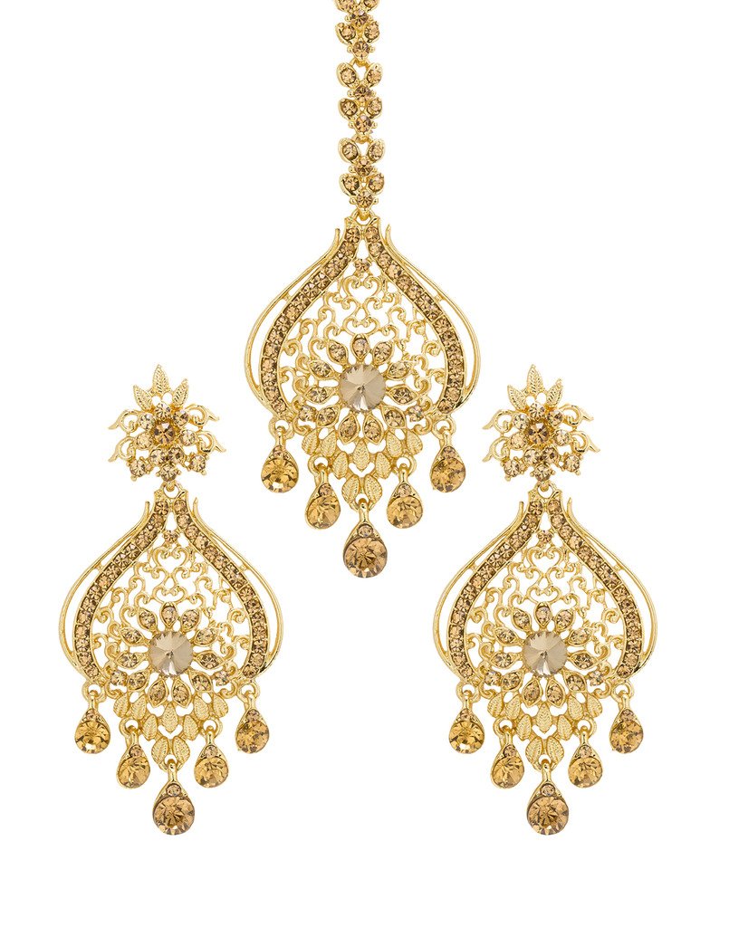 Bindhani Golden Rhinestone Head Piece Maang Tikka & Indian Earrings For Women