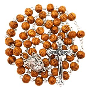 talisman4u catholic rosary necklace olive wood carved beads with jerusalem soil & cross crucifix in gift box