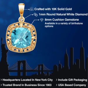 Gem Stone King 10K Yellow Gold 8MM Cushion Gemstone Birthstone and White Diamond Accent Necklace | Gold Pendant Necklace For Women