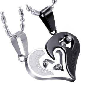 cupimatch 2-piece stainless steel couple necklace rhinestone i love you heart puzzle matching pendant with chain