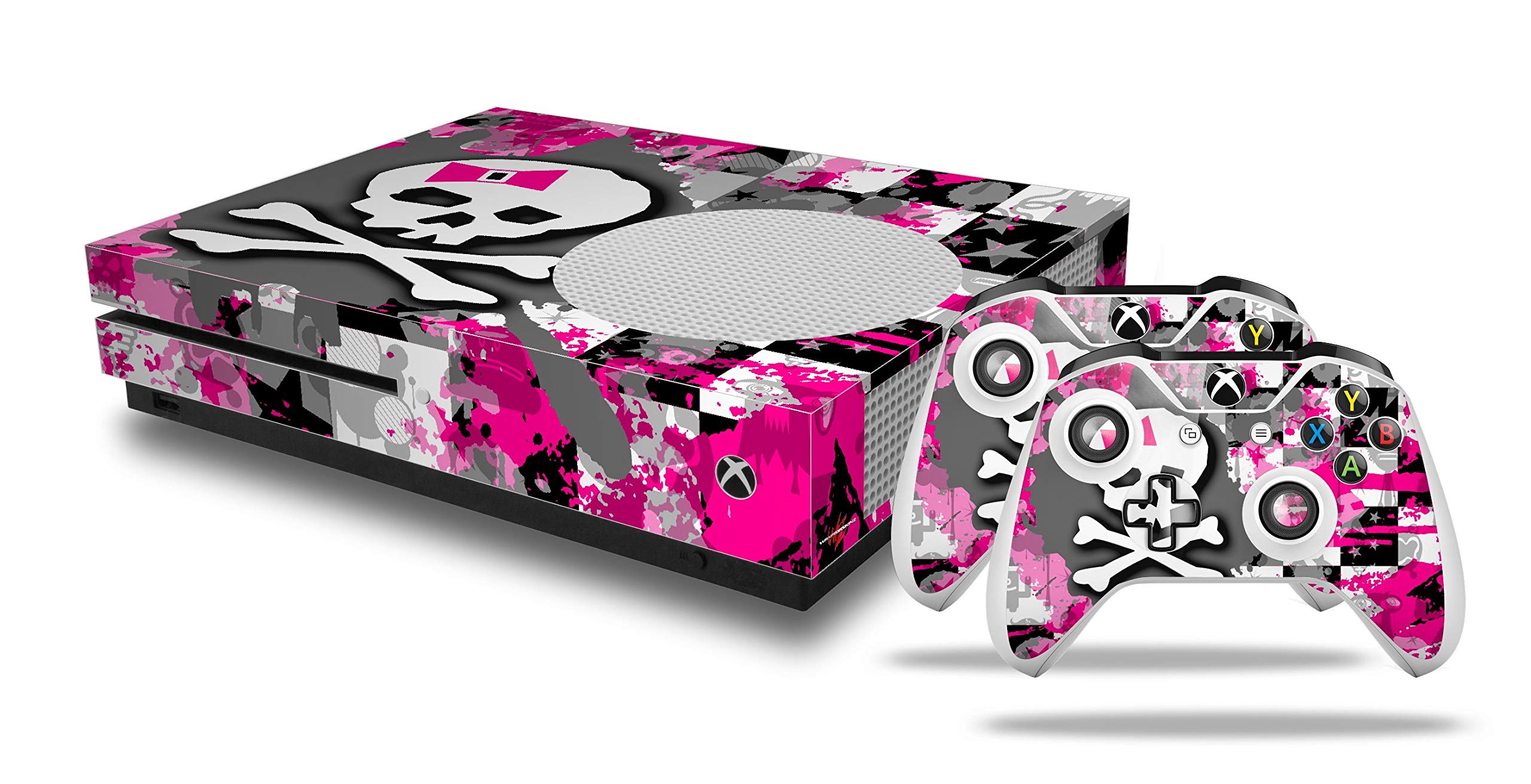 WraptorSkinz Decal Vinyl Skin Wrap Compatible with Xbox One S Console and Controllers - Girly Pink Bow Skull