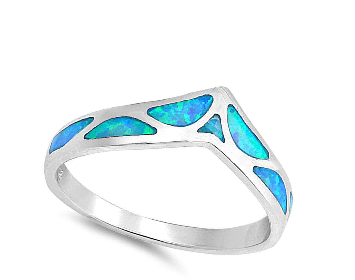 Blue Simulated Opal Mosaic Chevron Thumb Ring New .925 Sterling Silver Band Size 8