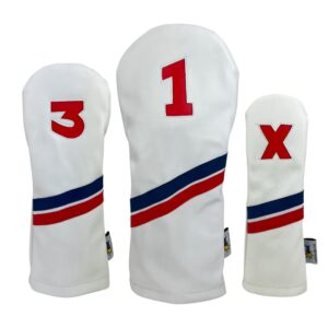 sunfish leather golf headcover set 1-3-x driver fairway hybrid white with blue and red stripes