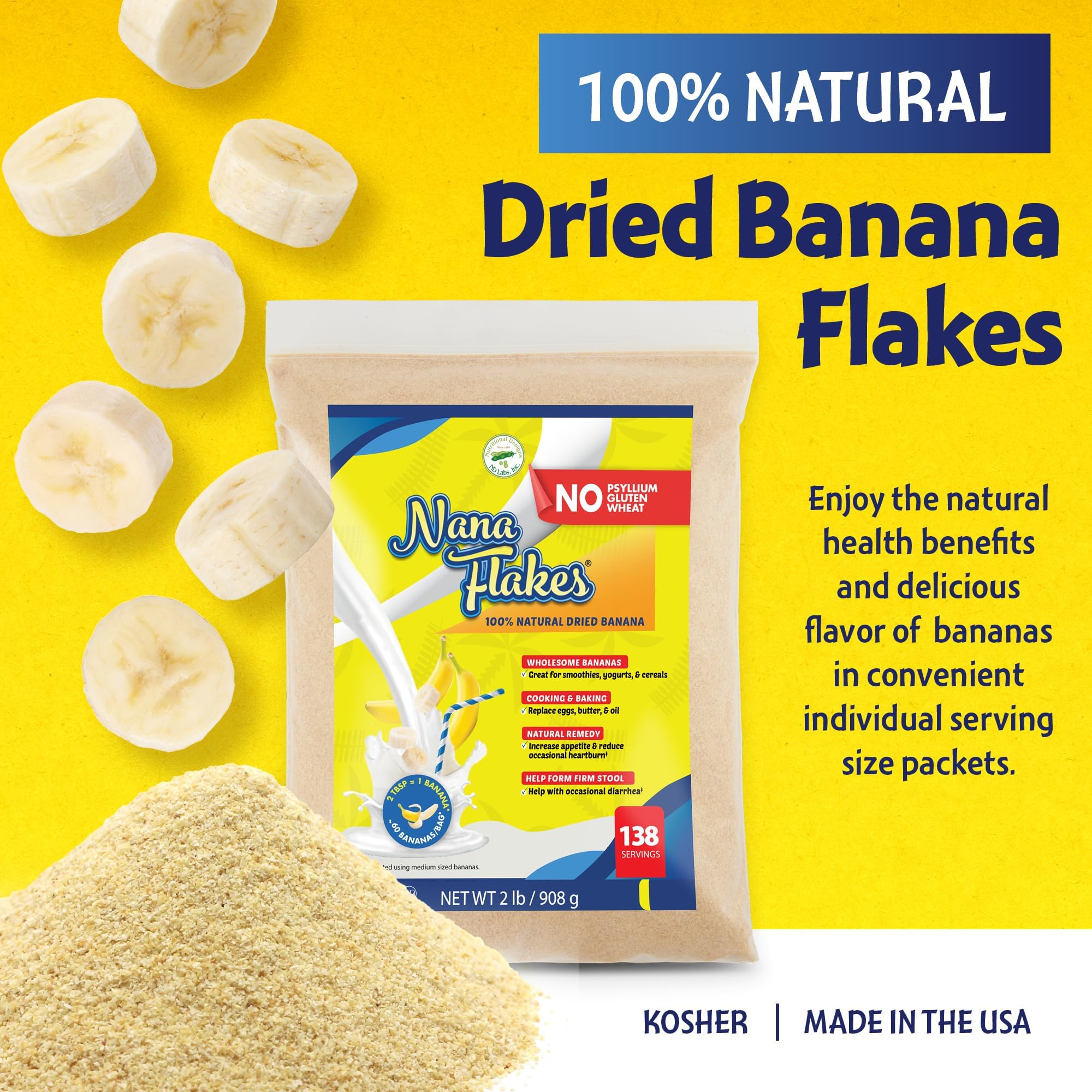 Nana Flakes 100% Pure Banana Flakes Medical Food Powder - Decrease Fat Intake & Natural Remedy for Diarrhea & Heart Burn - Great Source of Protein & Fiber (Banana, Two Pound Bag)