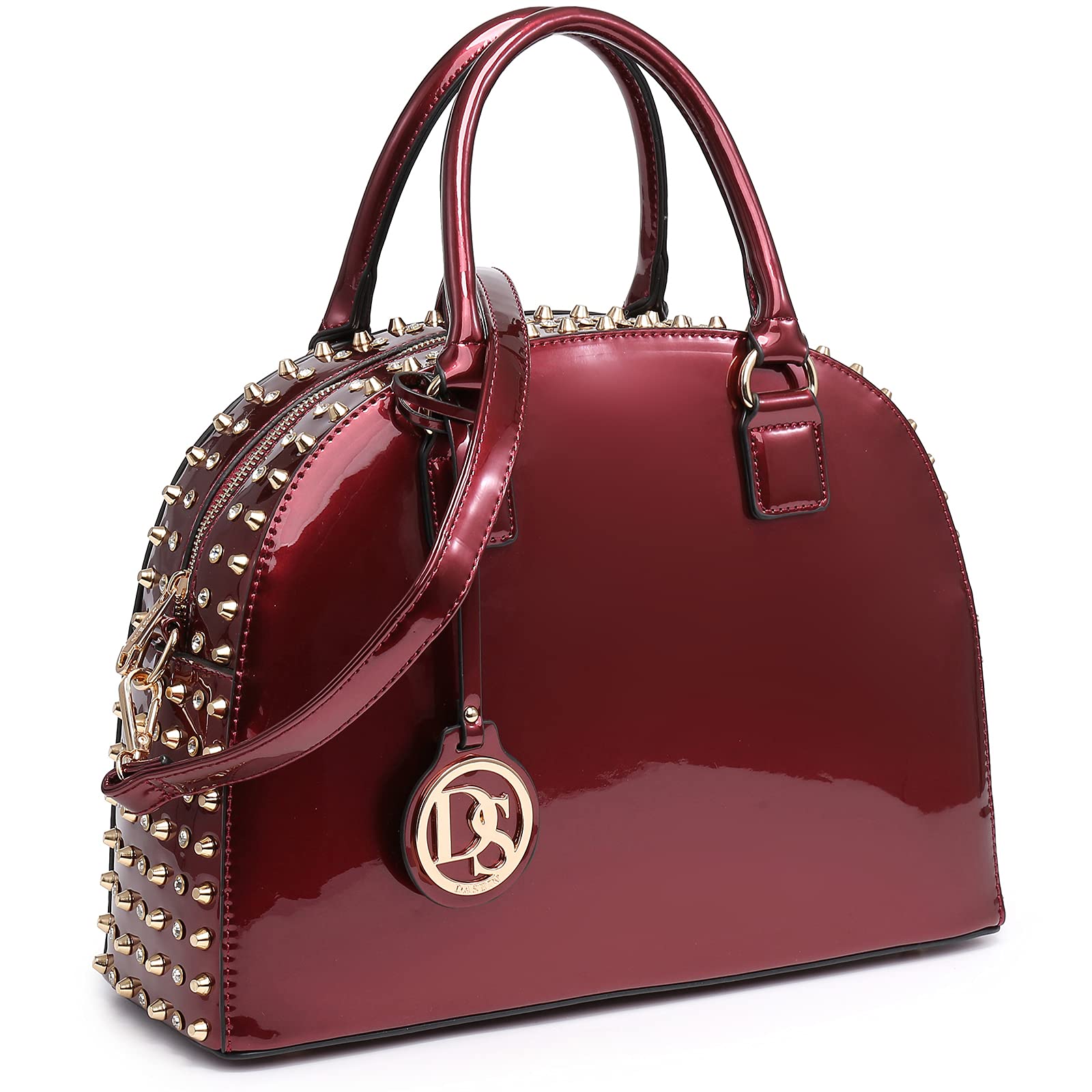 Dasein Patent Rhinestone Handbags for Women Studded Dome Zip Around Shoulder Bags Designer Purses, COLOR-RED