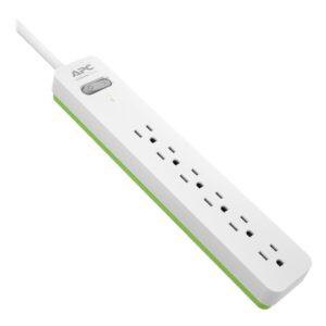 Surge Protector Power Strip, APC PE66W, 1080 Joule, Flat Plug, 6 Outlet Power Cord Strip White/Green