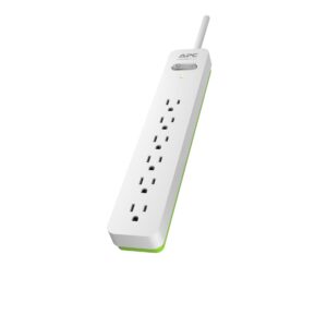 Surge Protector Power Strip, APC PE66W, 1080 Joule, Flat Plug, 6 Outlet Power Cord Strip White/Green