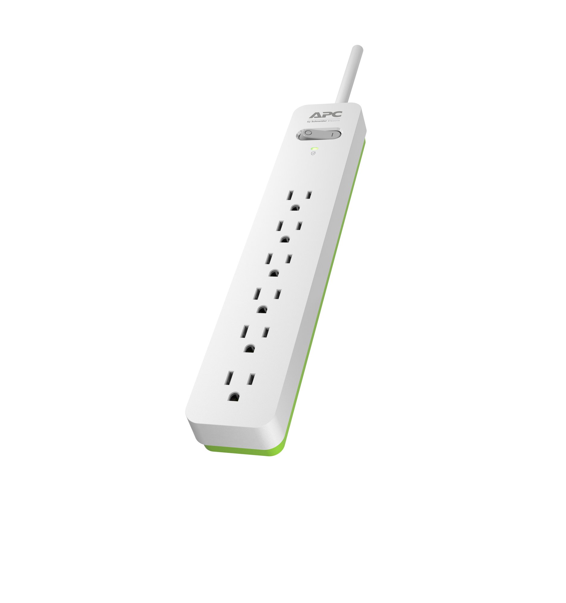 Surge Protector Power Strip, APC PE66W, 1080 Joule, Flat Plug, 6 Outlet Power Cord Strip White/Green