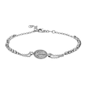 d jewelry 925 sterling silver virgin mary charm v-cut beads bracelet chain made in italy, 7" plus 1" extension